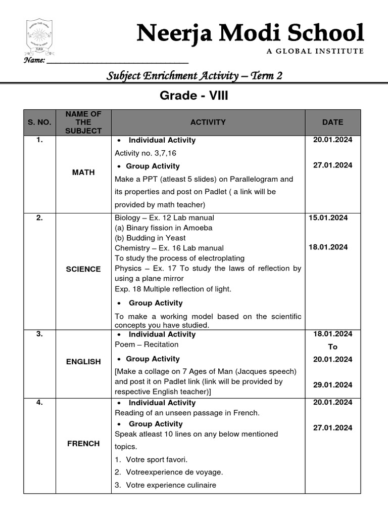 Viii-Subject Enrichment Activity Grade - Viii | PDF | Science