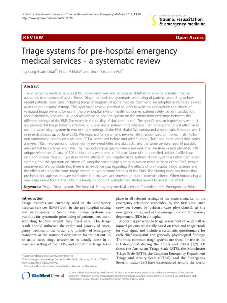 Triage Systems For Pre-Hospital Emergency Medical Services - A ...