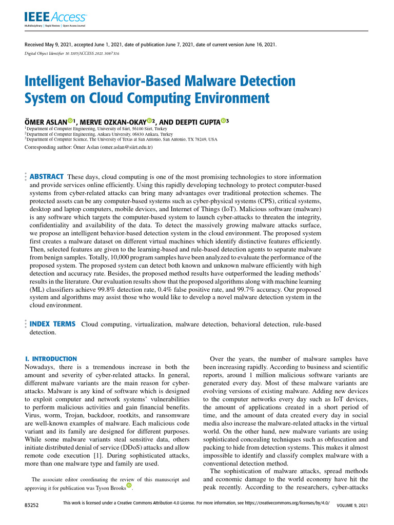 Intelligent Behavior-Based Malware Detection System On Cloud Computing Environment | PDF | Cloud ...