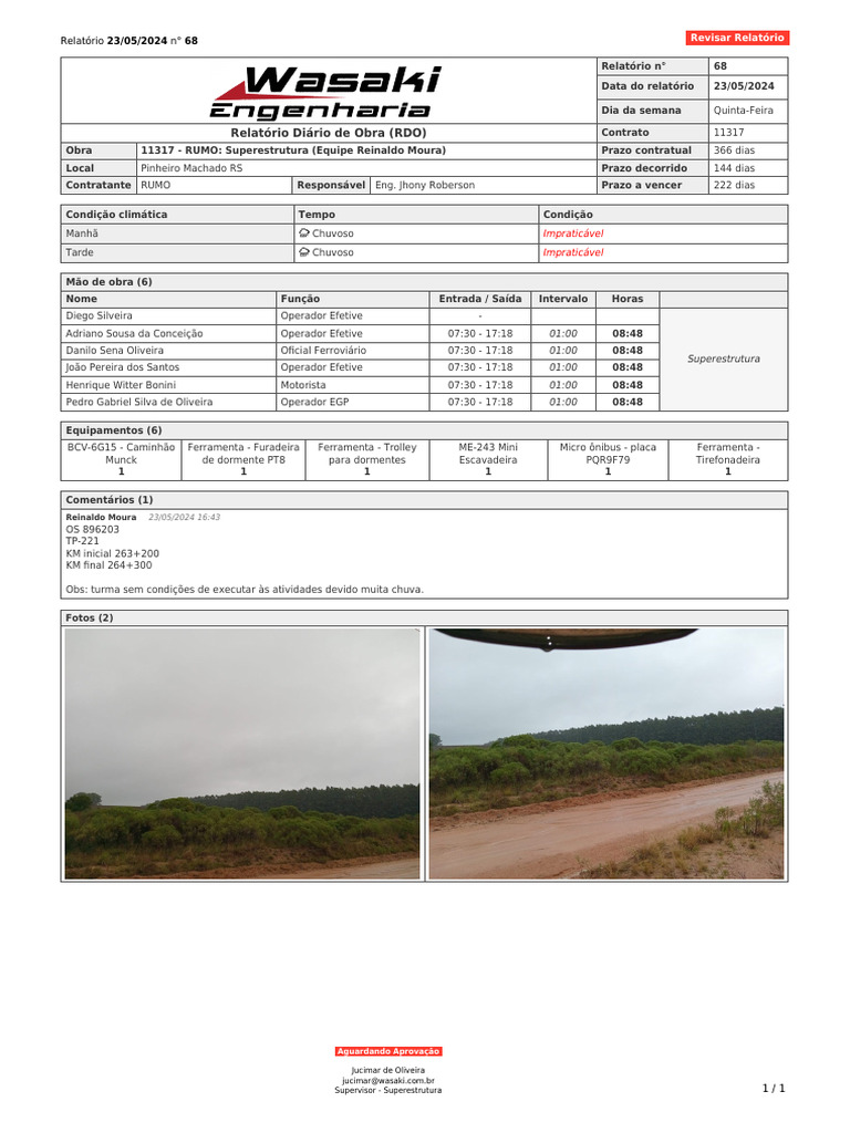 Relatorio Diario de Obra (Rdo) n 68 23-05-2024 | PDF