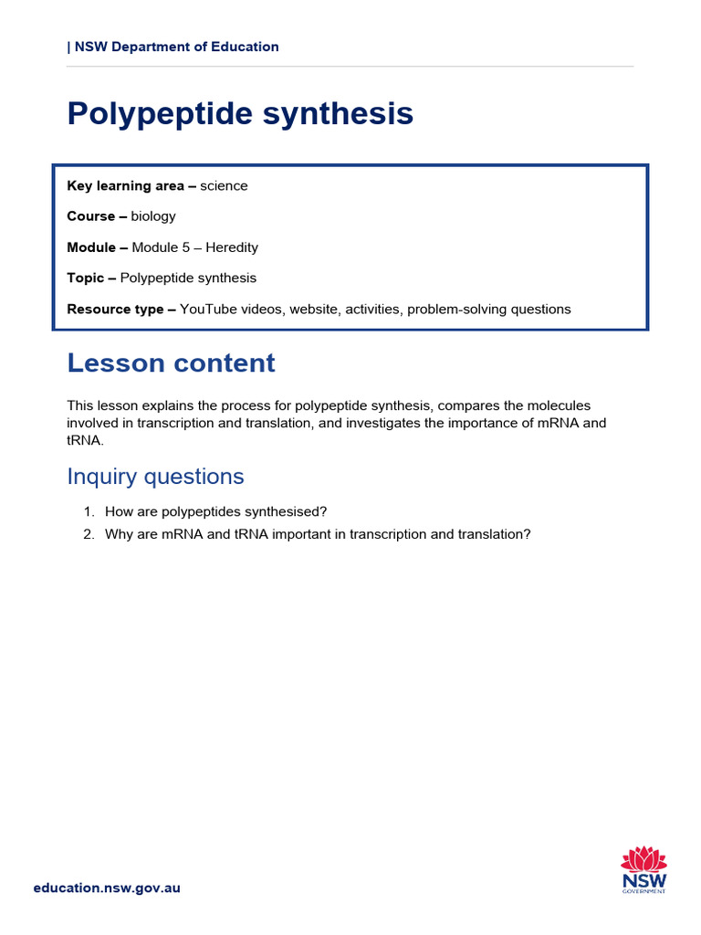 Polypeptide Synthesis in Biology | PDF | Translation (Biology ...