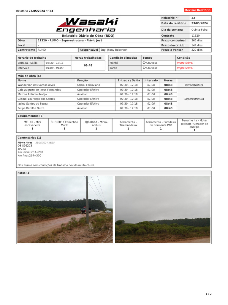Relatorio Diario de Obra (Rdo) n 23 23-05-2024 | PDF Relatorio Diario de Obra (Rdo) n 23 23-05-2024 | PDF