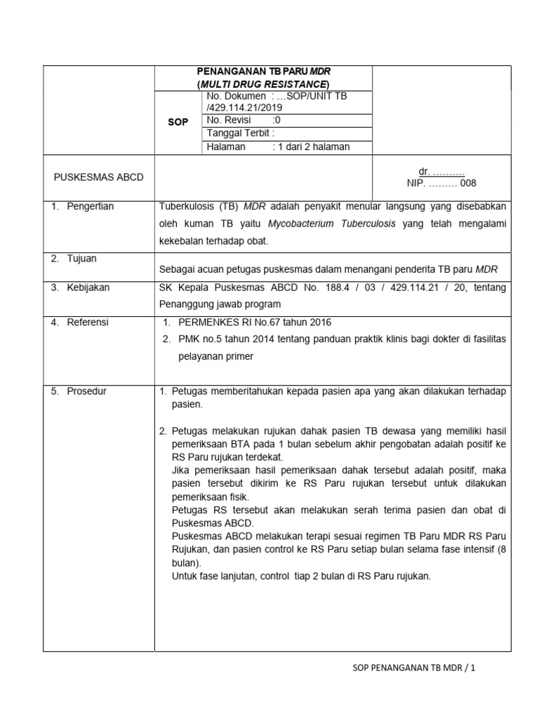 Sop MDR Penanganan TB MDR | PDF