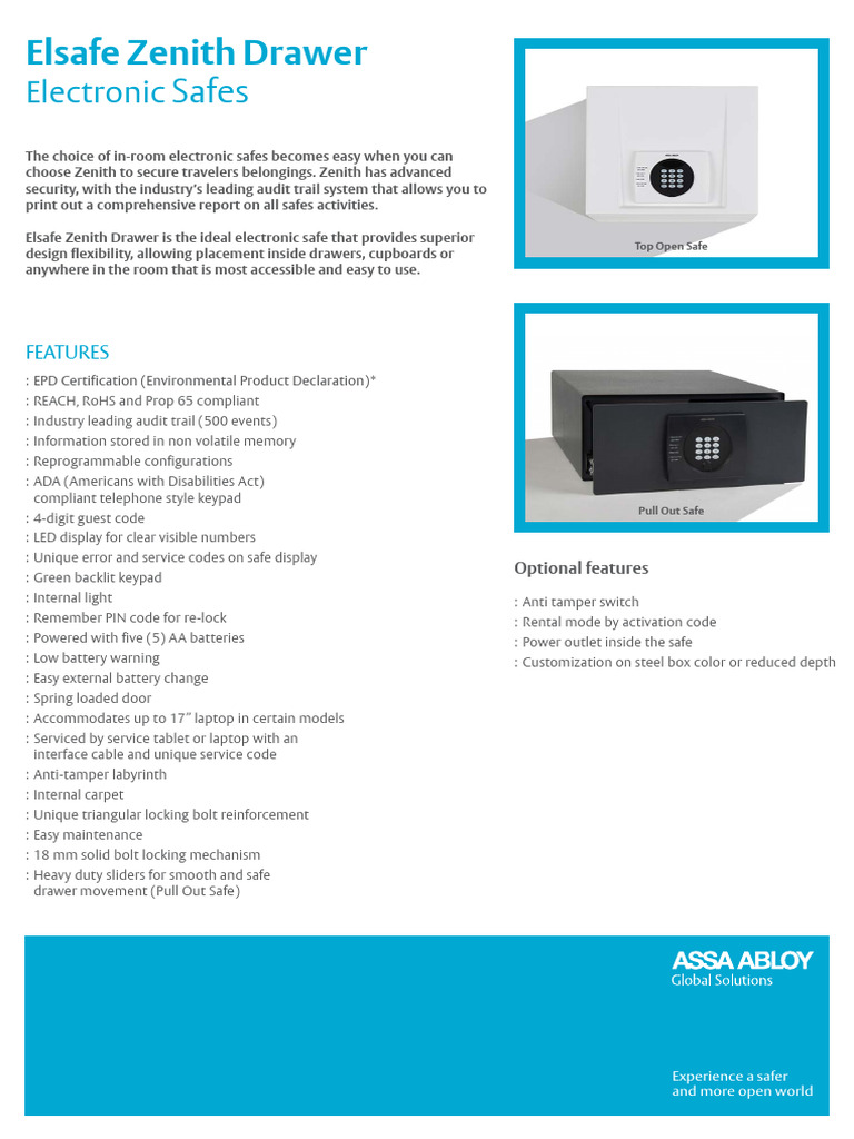 Elsafe Zenith Drawer Safe Product Sheet English | PDF | Laptop | Usb