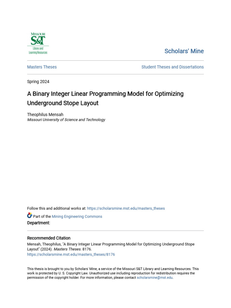 A Binary Integer Linear Programming Model For Optimizing Undergro | PDF | Mathematical ...