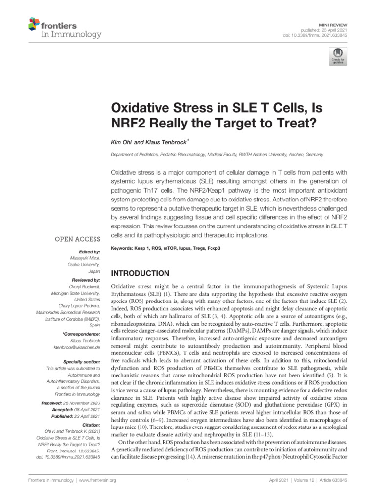 Oxidative Stress in SLE T Cells, Is NRF2 Really The Target To Treat? | PDF | Reactive Oxygen ...