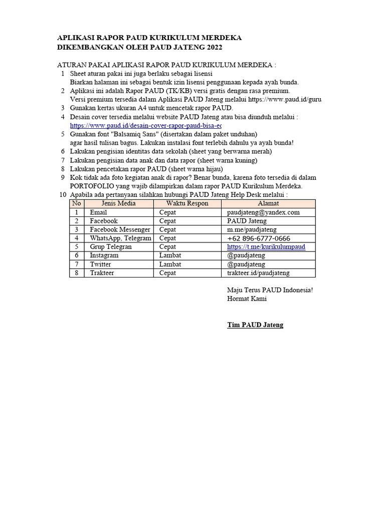 Aplikasi Rapor PAUD Kurikulum Merdeka | PDF