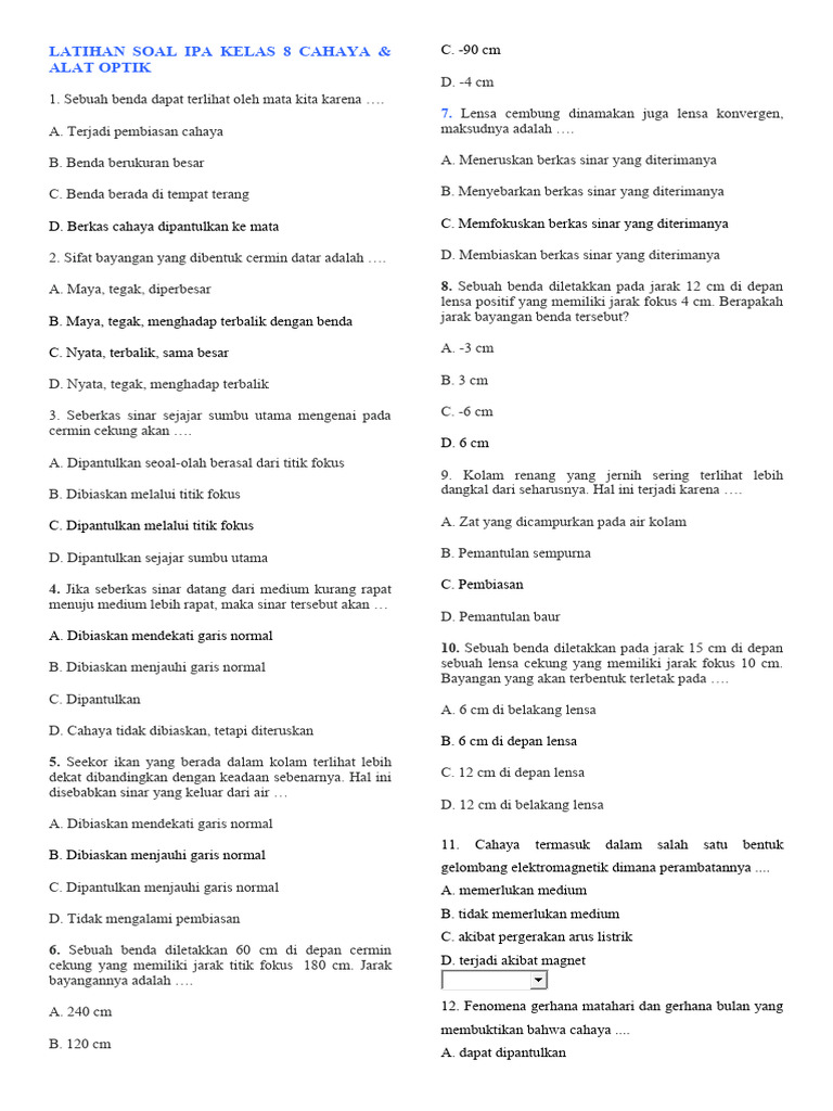 Latihan Soal Ipa Kelas 8 Cahaya | PDF