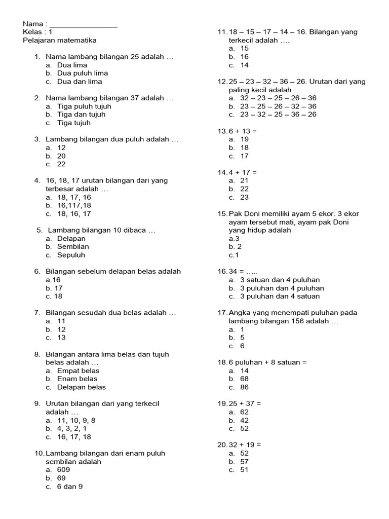 Soal MTK Kelas 1 Semester 2 2024 | PDF