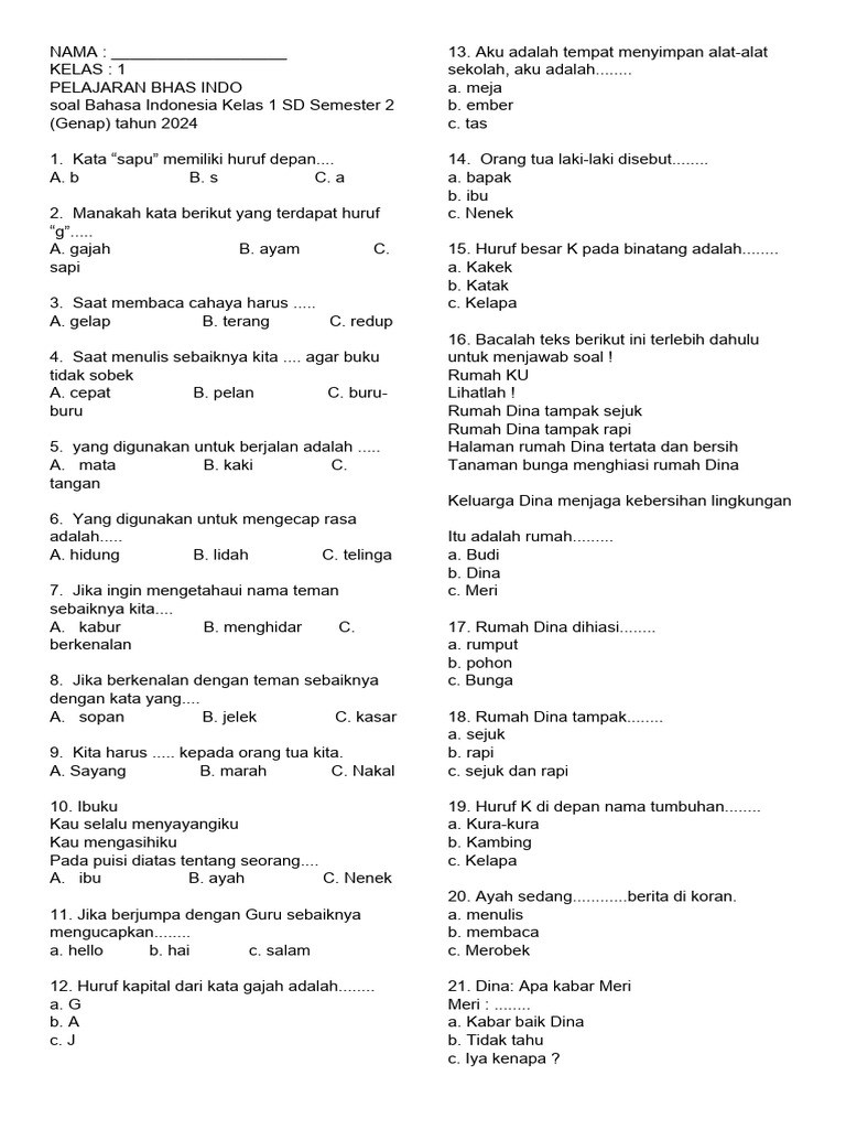 Soal Bhas Indonesia Kelas 1 Semester 2 | PDF