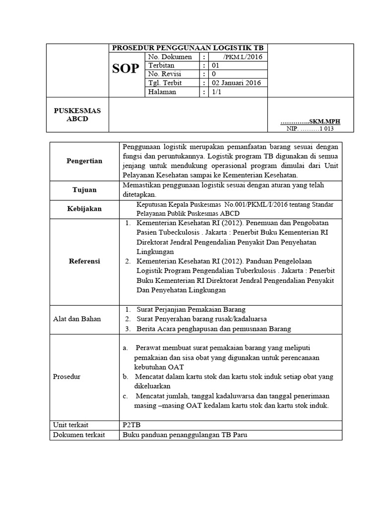 Sop TBC - Prosedur Penggunaan Logistik TB | PDF | Pengembangan Diri