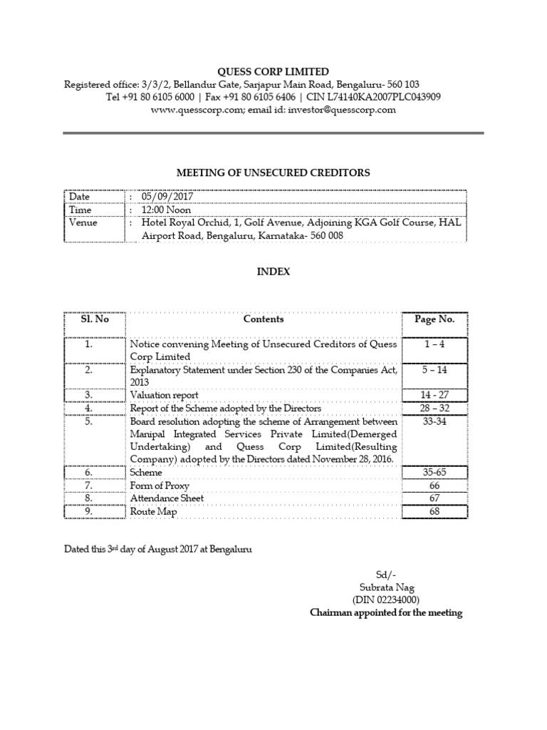 Quess Corp Creditors Meeting Notice | PDF | Stocks | Balance Sheet
