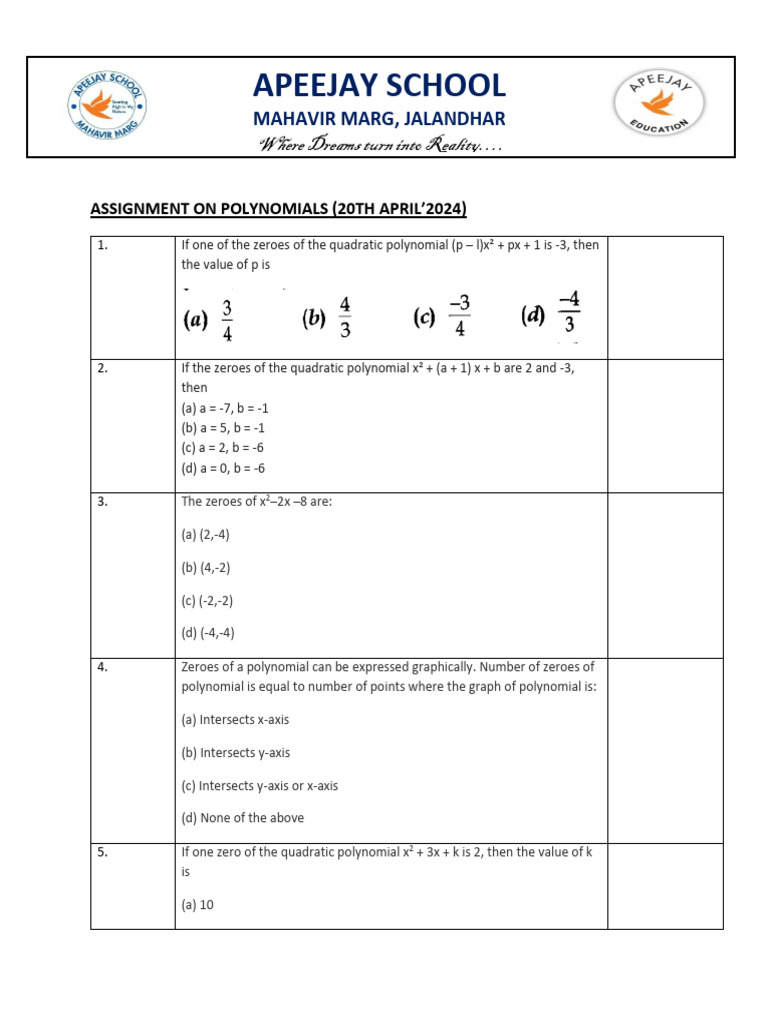 Assignment On Polynomials (Class-10th) | PDF