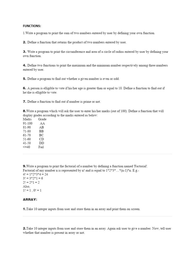 Functions and Array Practice Problems | PDF | Mathematics | Elementary ... Functions and Array Practice Problems | PDF | Mathematics | Elementary ...