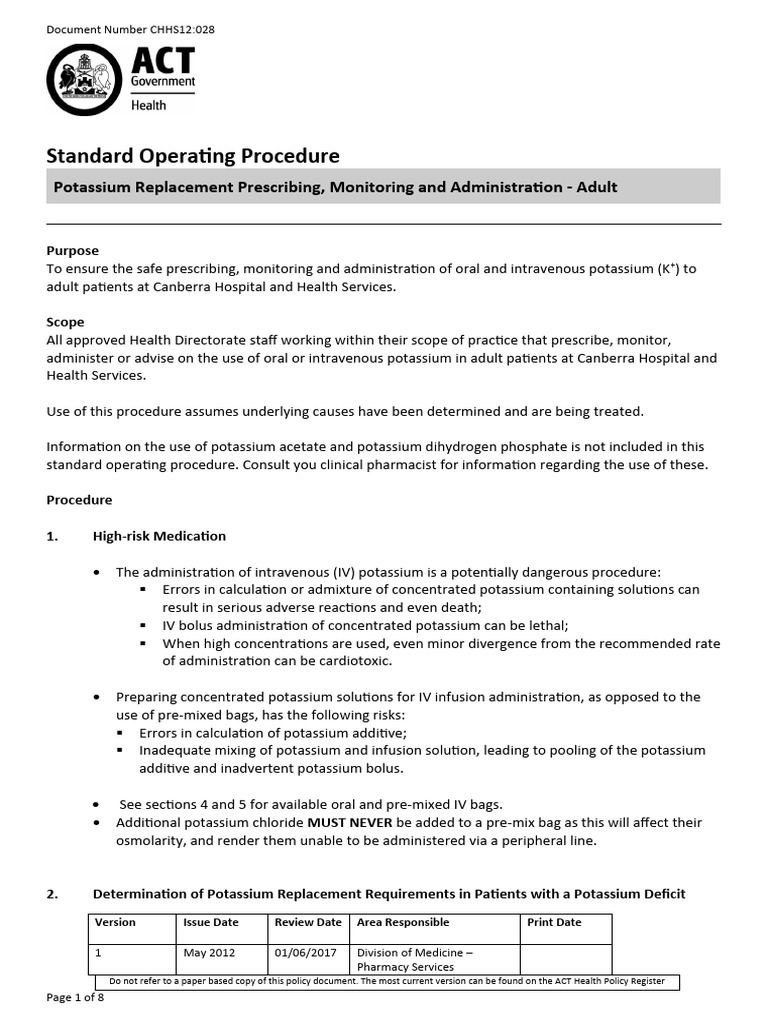 Potassium Replacement Prescribing, Monitoring and Administration ...
