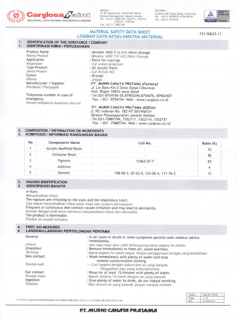 Msds Miraton 1600 Tu Uc Nitric Orange | PDF