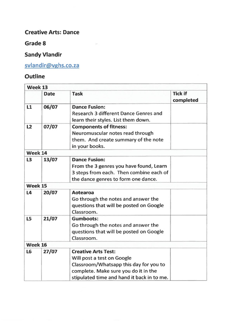Grade 8 Creative Ars Dance Ms Vlandir Week 13 16 | PDF