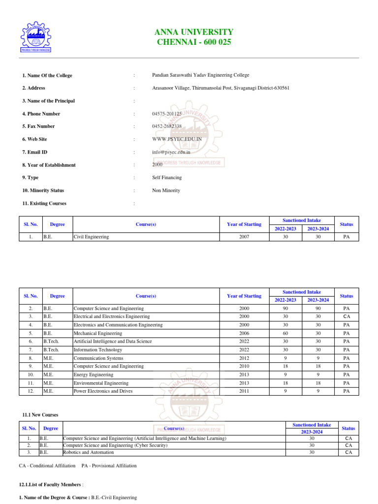 Pandian Saraswathi Yadav Engineering College | PDF | Academic Degree ...