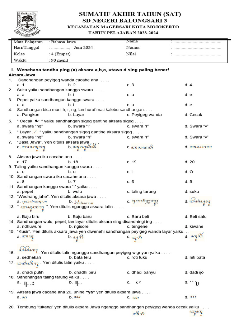 Sas Genap - Bahasa Jawa KLS 4 Ta 2023-2024 | PDF