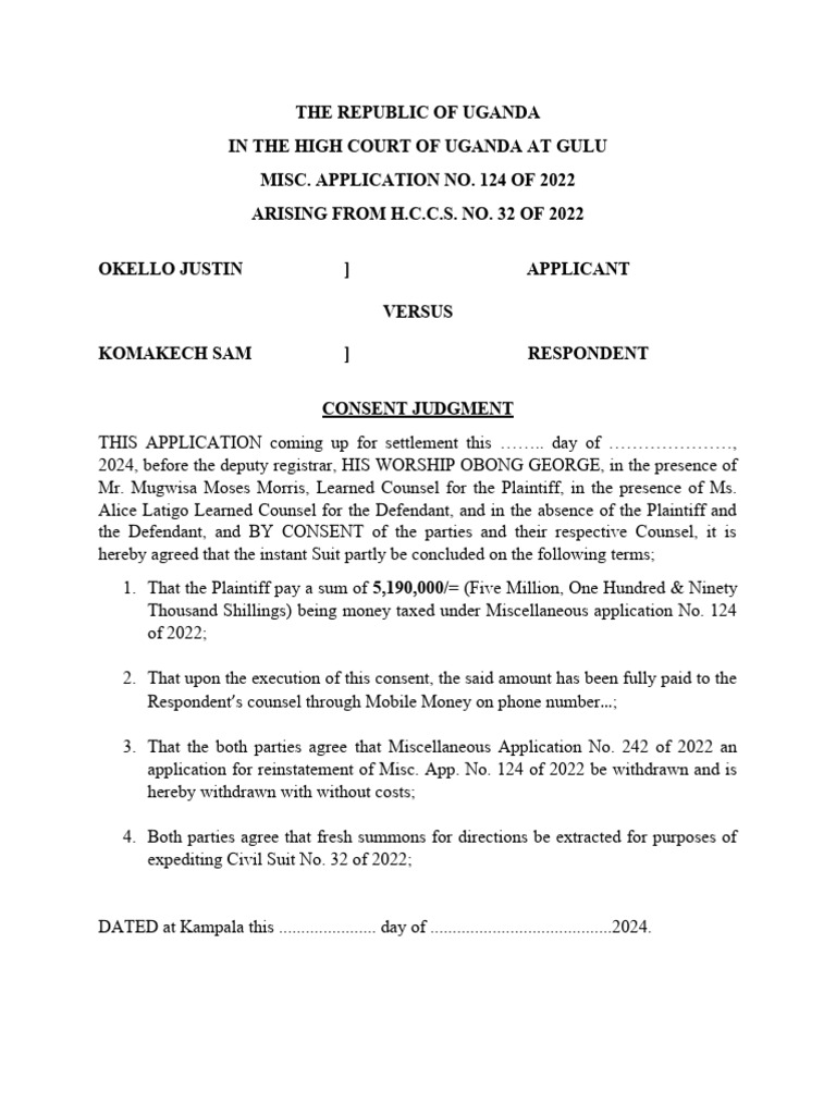 Consent Dr. Okello vs. Komakech | PDF | Lawsuit | Public Law