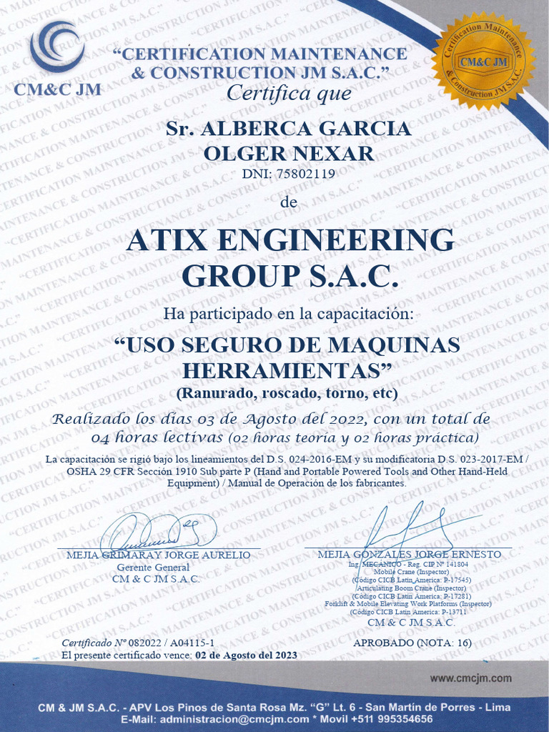 Certificado - Uso Seguro de Maquinas Herramientas - Atix Engineering Group S.A.C. | PDF