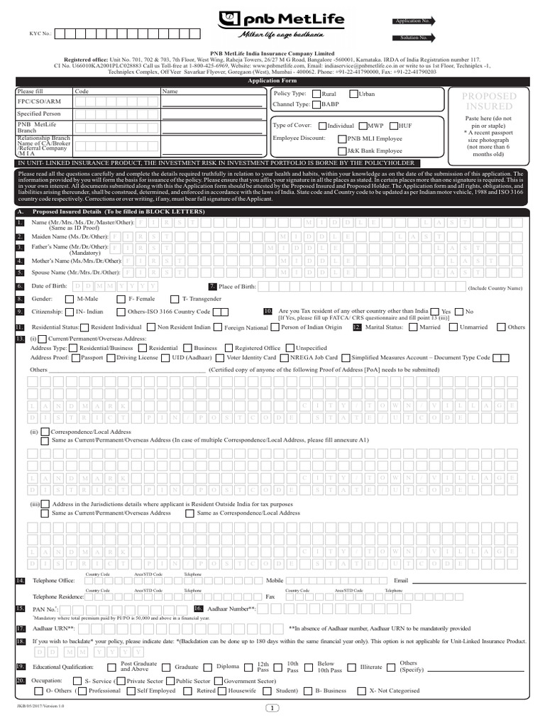 PNB MetLife Insurance Application Form | PDF | Insurance | Identity ...