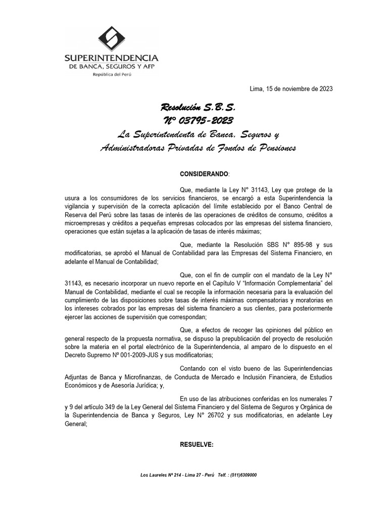 Resolución S.B.S. #03795-2023 La Superintendenta de Banca, Seguros y Administradoras Privadas de ...
