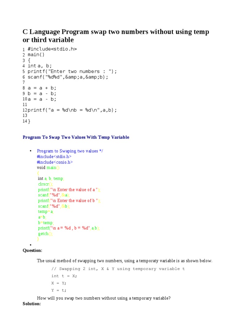 Swap Numbers in C Without Temp Variable | PDF | Computers