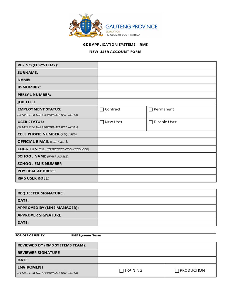 GDE RMS Systems User Account Form v1.5 | PDF | Business | Computers