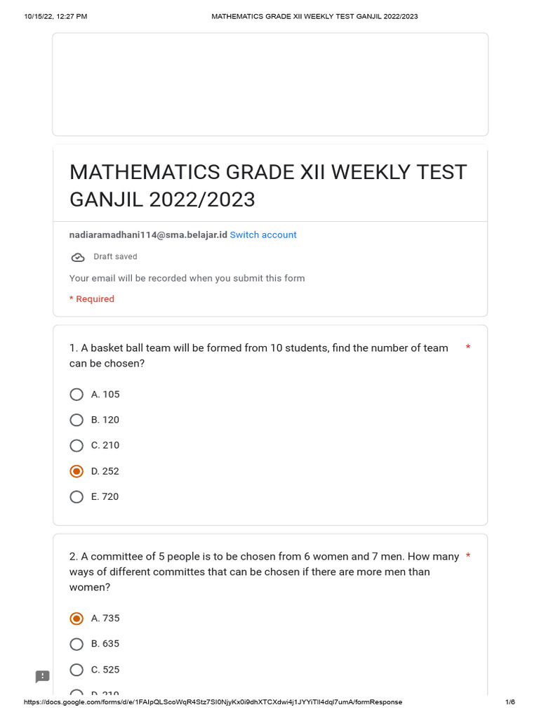 Mathematics Grade Xii Weekly Test Ganjil 2022 - 2023 | PDF ...