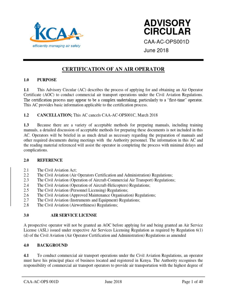 KCAA-AC-OPS001D Cert of Air Operator | PDF | Regulatory Compliance ...