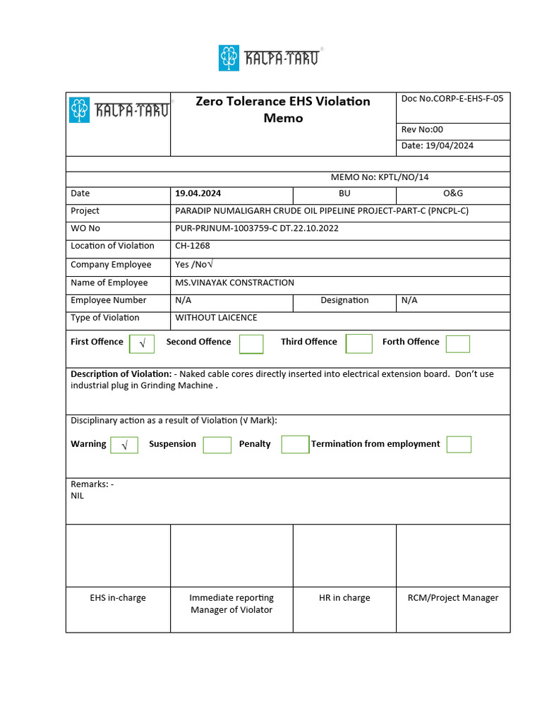 Zero Tolerance EHS Violation Memo-16.04.2023 | PDF | Manufactured Goods ...