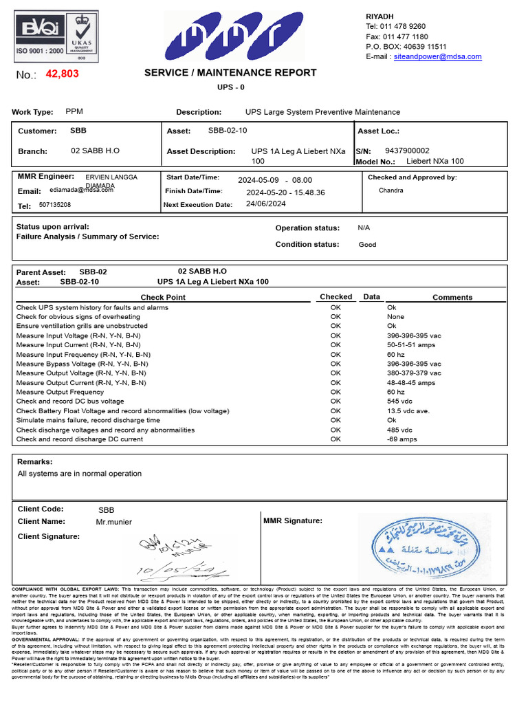 PR#7677 - SAB HO May 2024 Service Reports - UPS-GEN Leg A, B, C, D ...