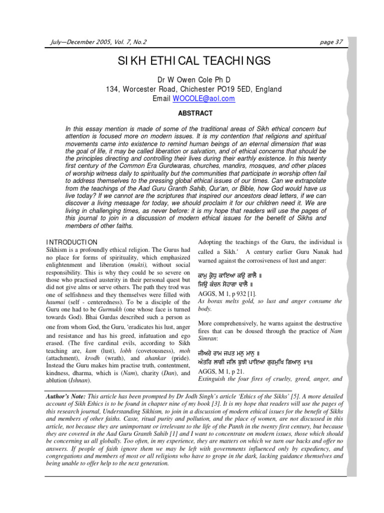 Sikh Ethical Teachings: Drwowencolephd 134, Worcester Road, Chichester Po19 5ed, England Email ...