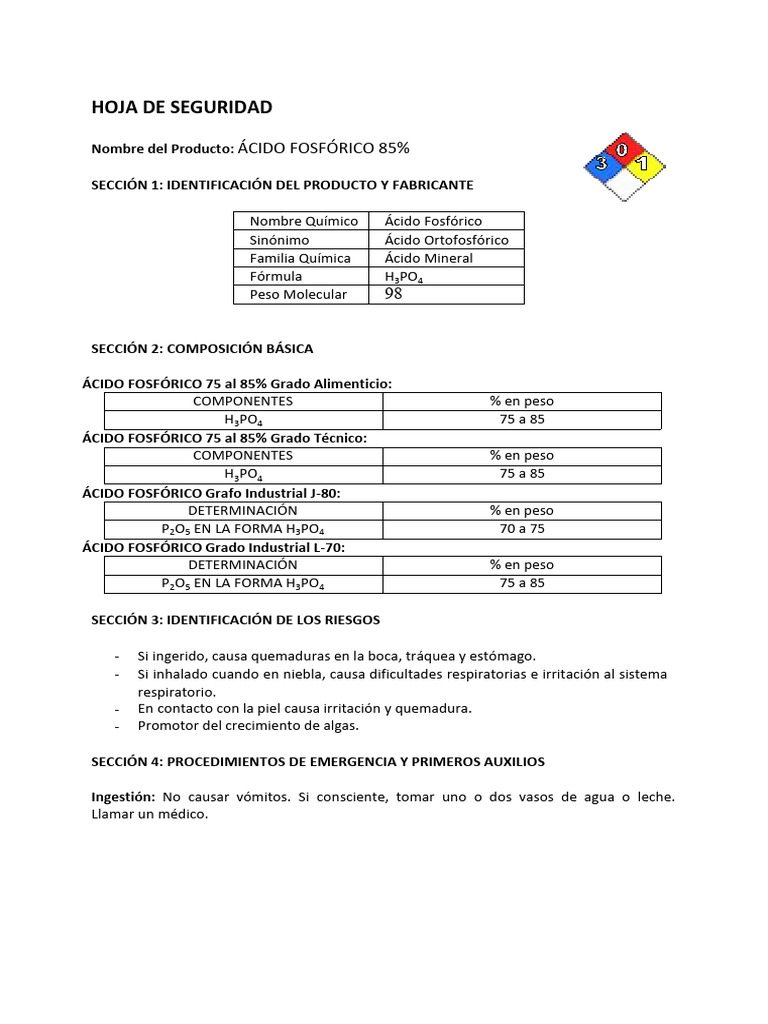 Ficha de Seguridad del Ácido Fosfórico 85% | PDF | Agua | Lima (Material)