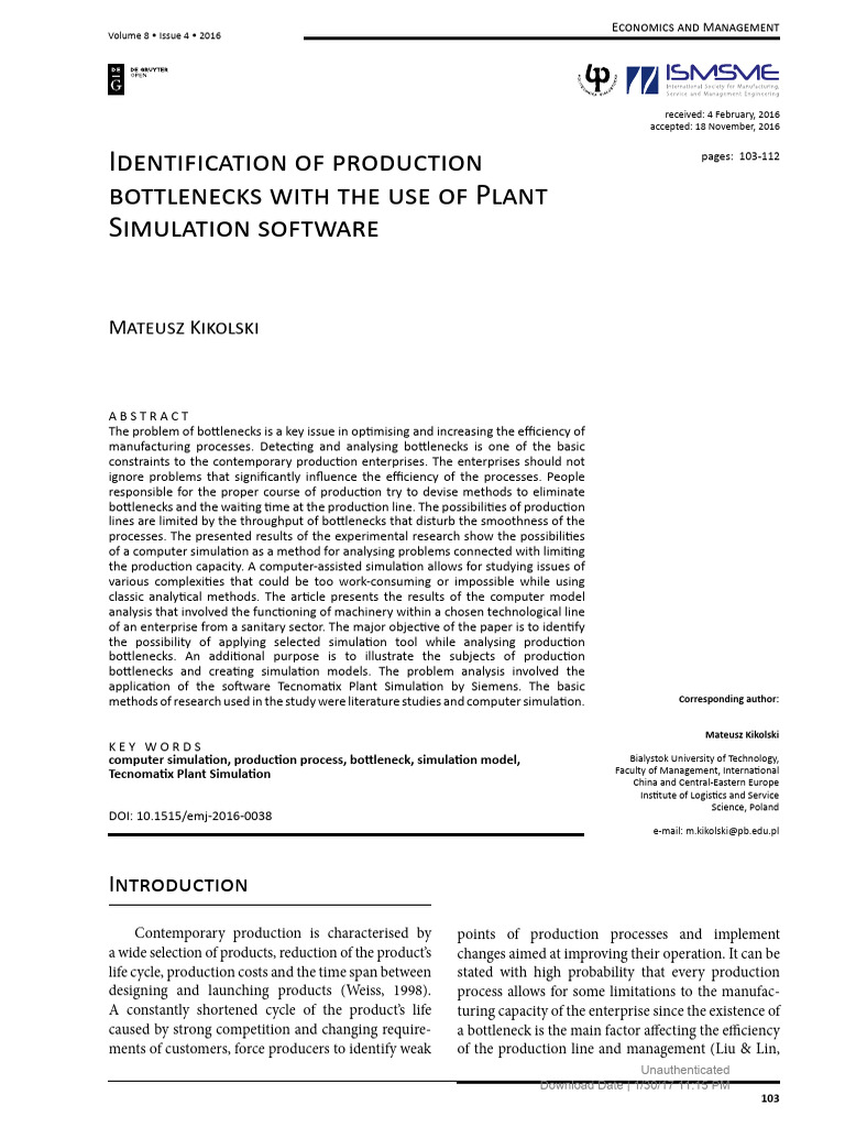 Identification Of Production Bottlenecks With The Pdf Simulation Computer Simulation