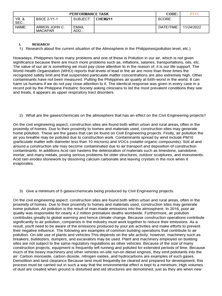 Chem211 - Performance Task 11 (Week 13) - Macapar-Arron John | PDF ...