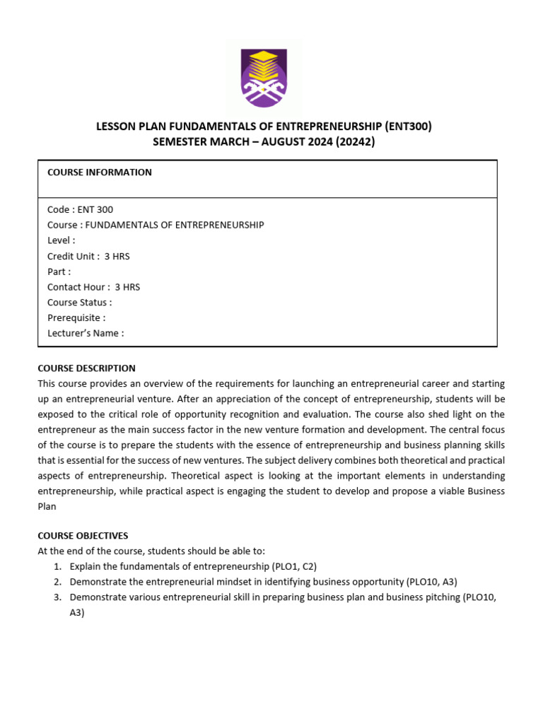 Ent300 Lesson Plan Sem 20242 | PDF | Entrepreneurship | Fluency