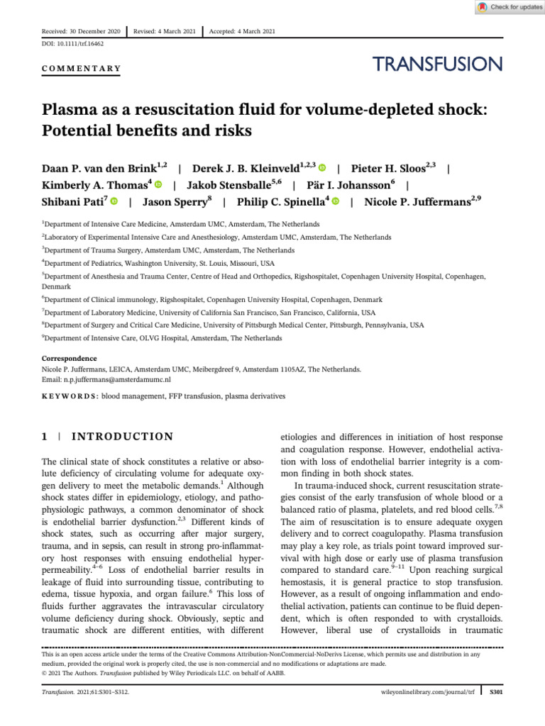 Plasma As A Resuscitation Fluid For Volume-Depleted Shock - Potential ...