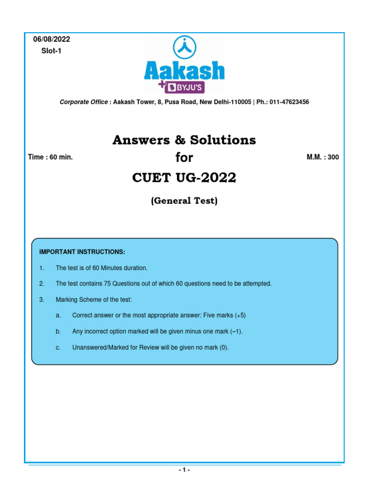 CUET UG-2022 General Test Solutions | PDF | Pali