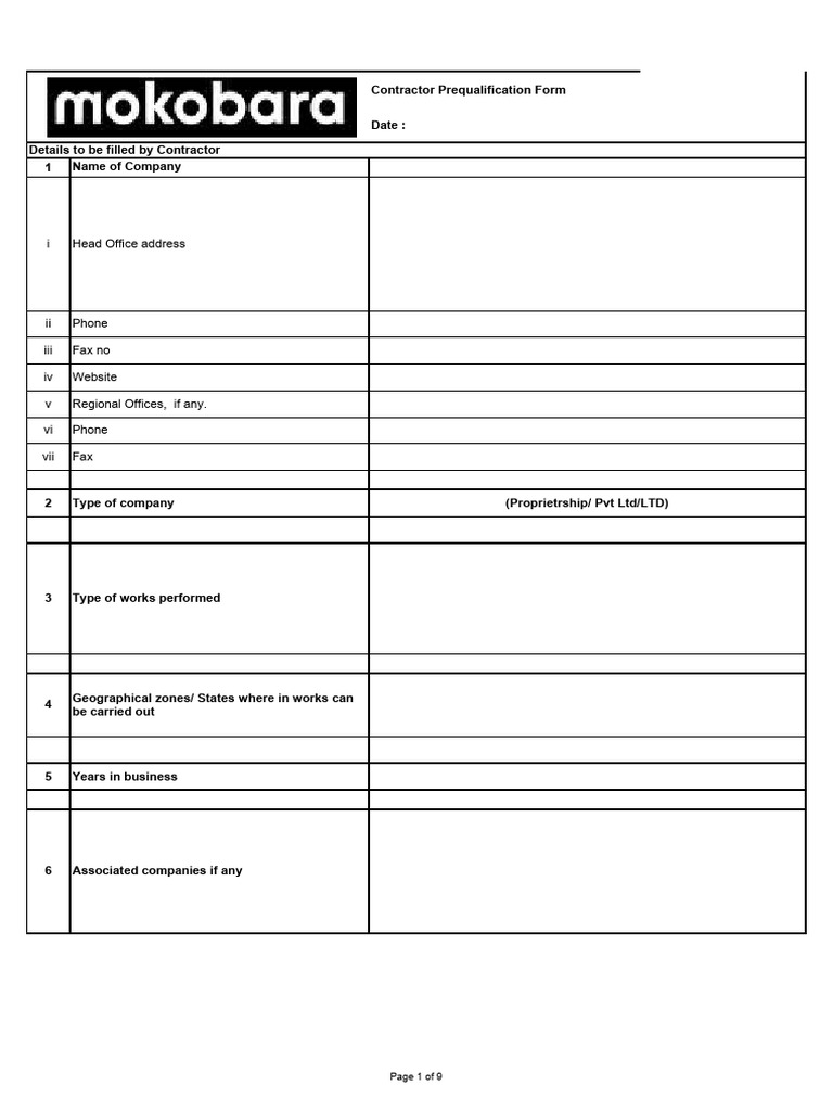 Contractor Pre Qualification - Registration Document (0055 | PDF | General Contractor