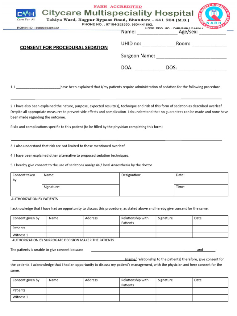 Procedural Sedation Consent Form | PDF | Health Care | Diseases And ...