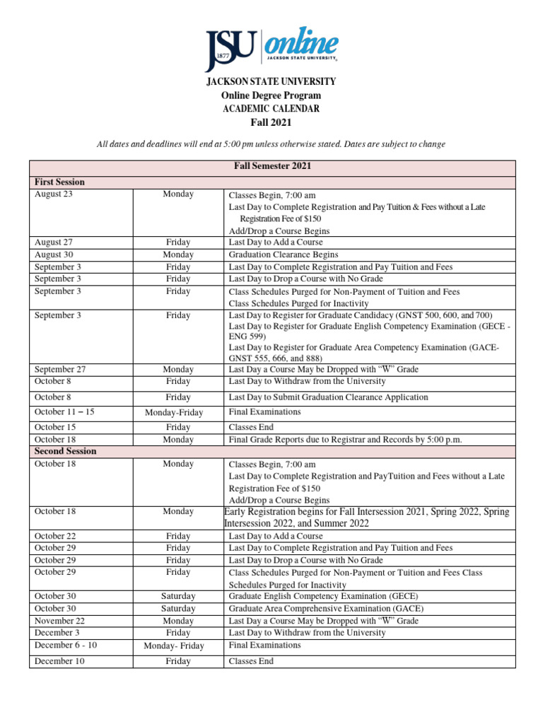 JSUOnline Fall 2021 Calendar Updates 07.19.21 | PDF | Academic Term ...