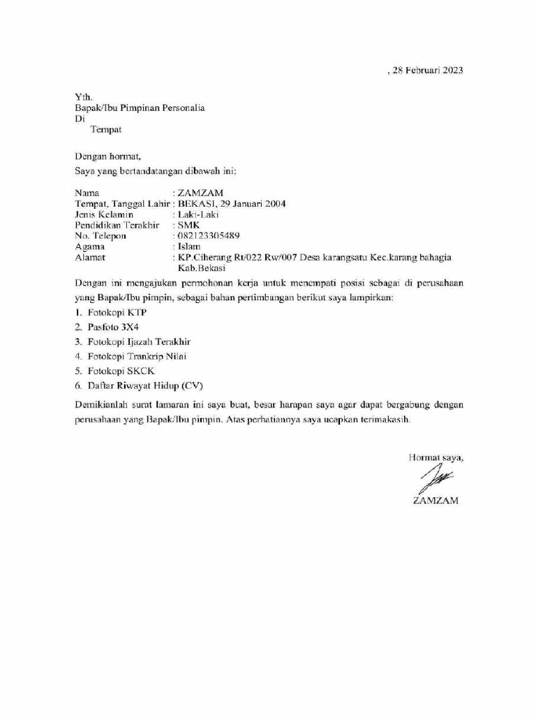 SURAT LAMARAN ZAMZAM-dikompresi (1) - Compressed | PDF