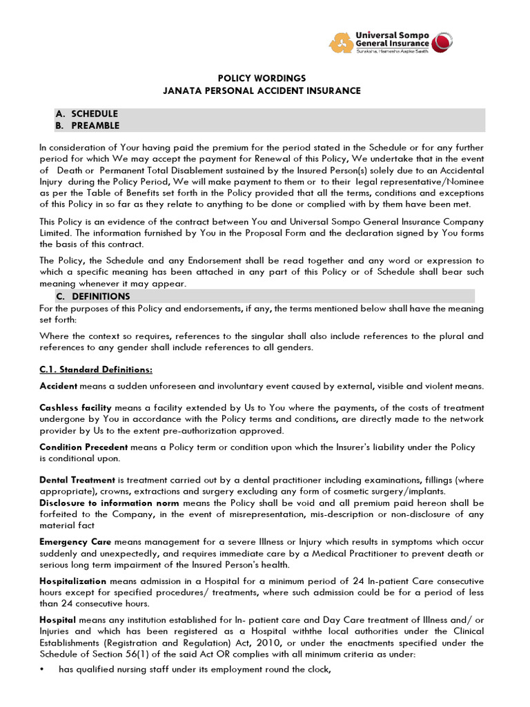 Janata Personal Accident Insurance Policy | PDF | Insurance | Medicine
