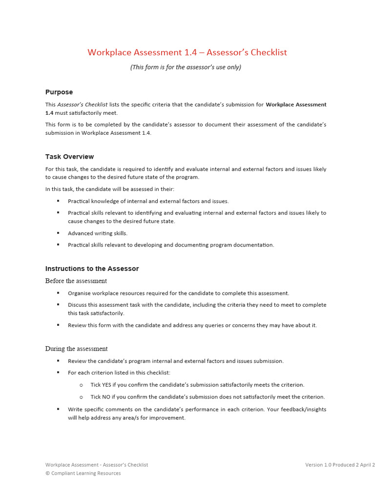 Assessor's Checklist for Workplace Assessment | PDF | Risk