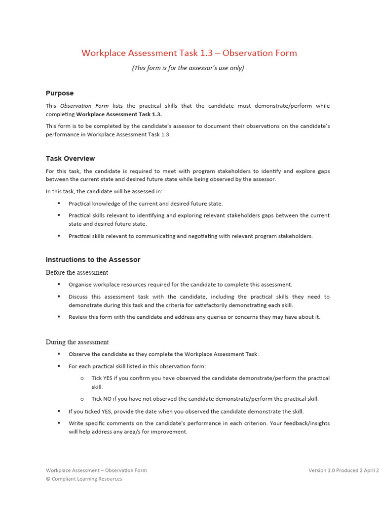 Workplace Assessment Observation Form | PDF | Performance Indicator ...