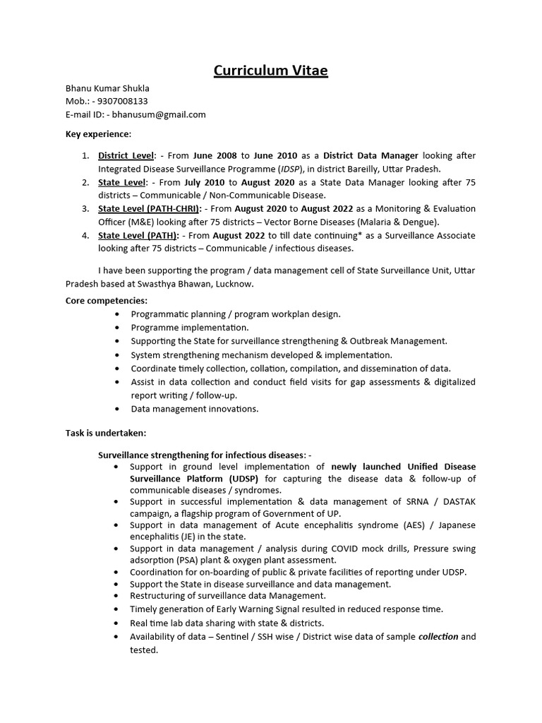 C.V. - Bhanu Kumar Shukla | PDF | Public Health | Health Sciences