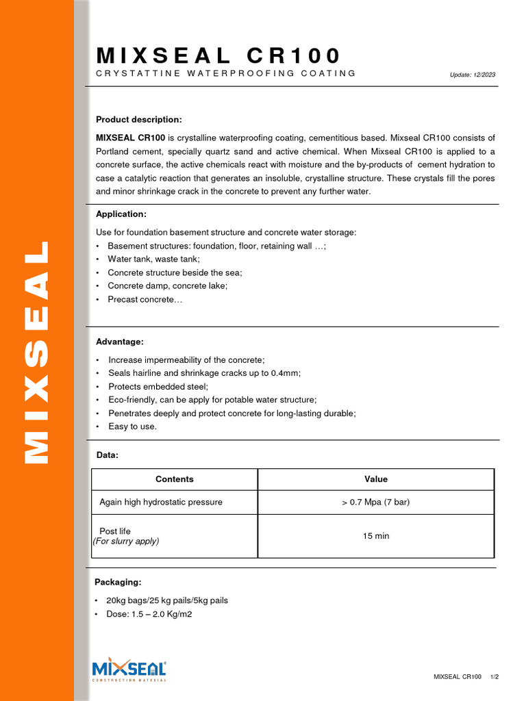 Mixseal CR100.en - Datasheet 2024 | PDF | Concrete | Cement