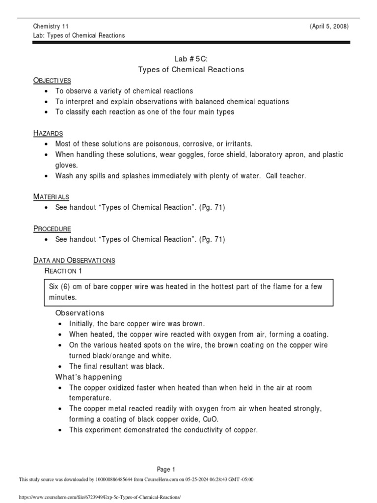 Types of Chemical Reactions Lab Guide | PDF | Chemical Reactions ...